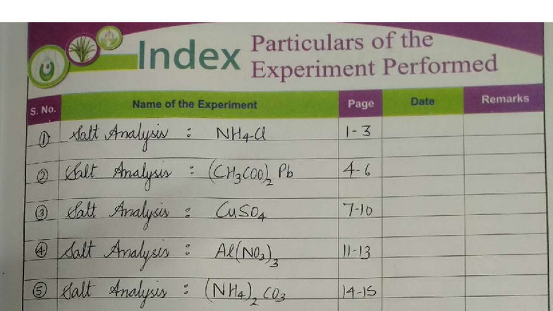 Chemistry Lab Manual: Class XII Experiments & Observations - Studocu