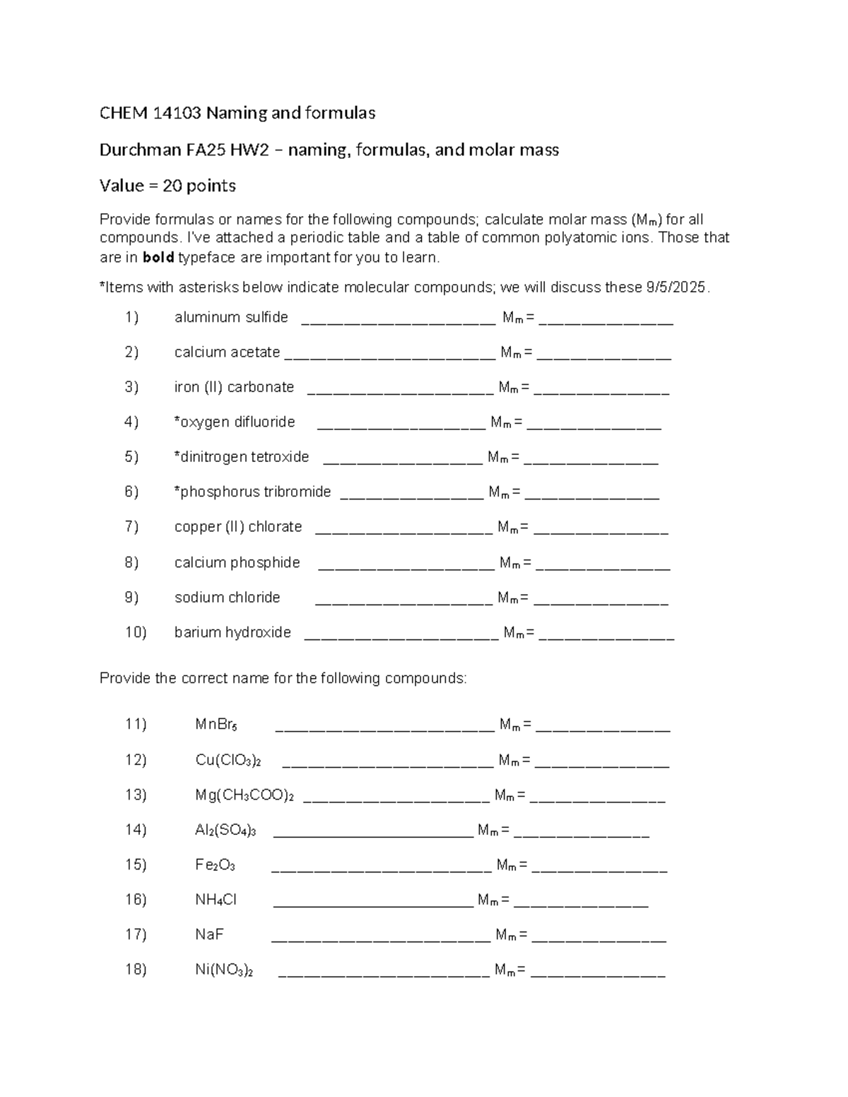 CHEM 14103 FA25 HW2: Naming Compounds & Molar Mass Calculations - Studocu