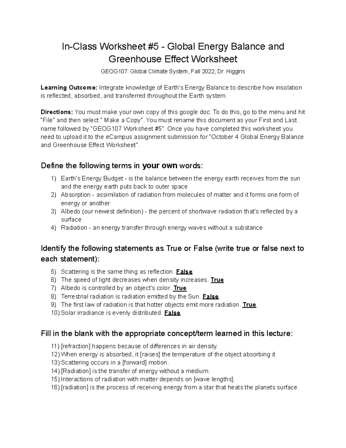 GEOG107 Worksheet #5: Exploring Global Energy Balance & Greenhouse ...