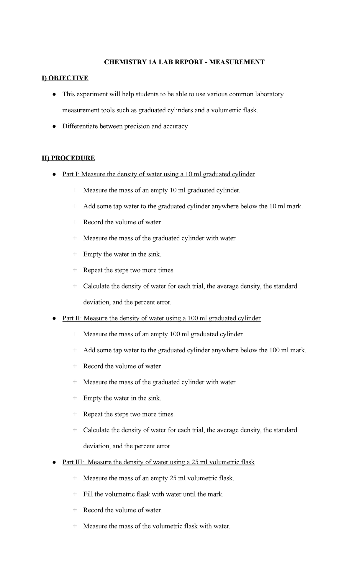 Chemistry 1A Lab - Measurement Report on Water Density Analysis - Studocu