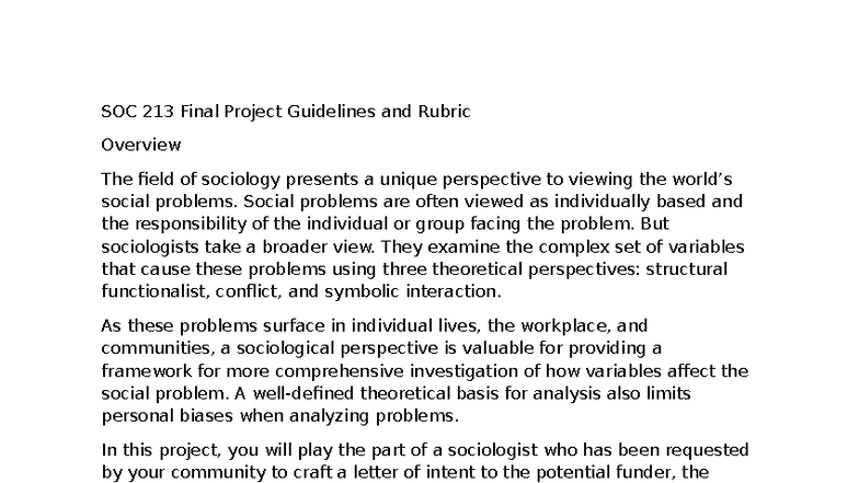 SOC 213 Final Project: Analyzing Social Problems and Solutions - Studocu