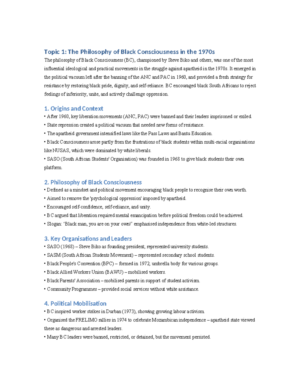 Grade 12 History Detailed Notes: Black Consciousness & Compromises ...