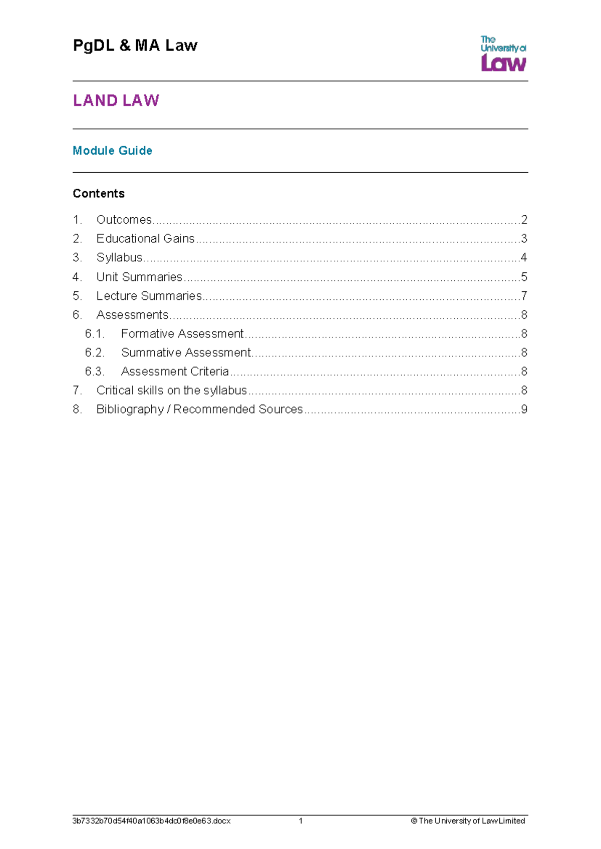 PgDL MA Law Land Law module guide and syllabus overview - Studocu