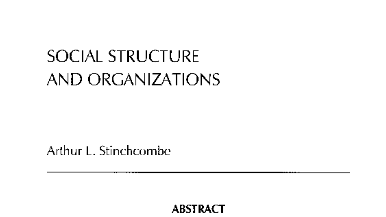 SOCIAL STRUCTURE AND ORGANIZATIONS: Insights by Arthur L. Stinchcombe ...