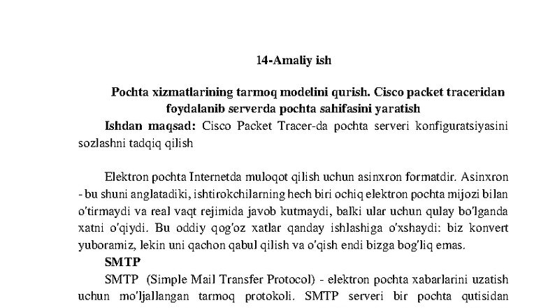 14-Amaliy ish: Cisco Packet Tracer-da Pochta Serverini Sozlash - Studocu