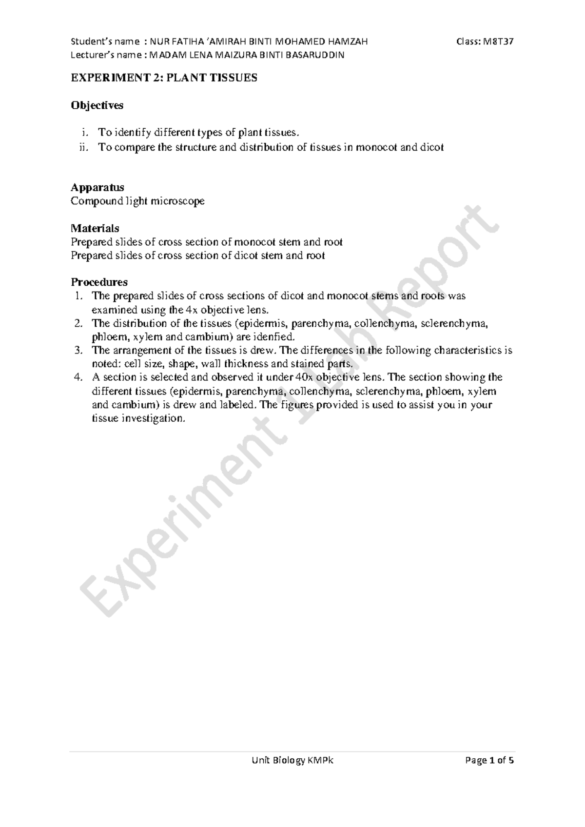 Lab Report Exp 2: Analysis of Plant Tissues by Madam Lena Maizura - Studocu