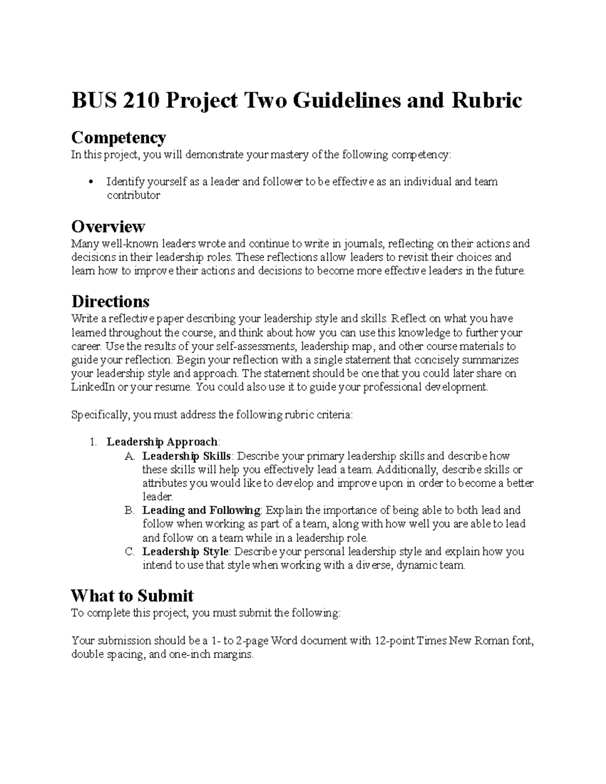 BUS-210 Project Two: Leadership Reflection Guidelines & Rubric - Studocu
