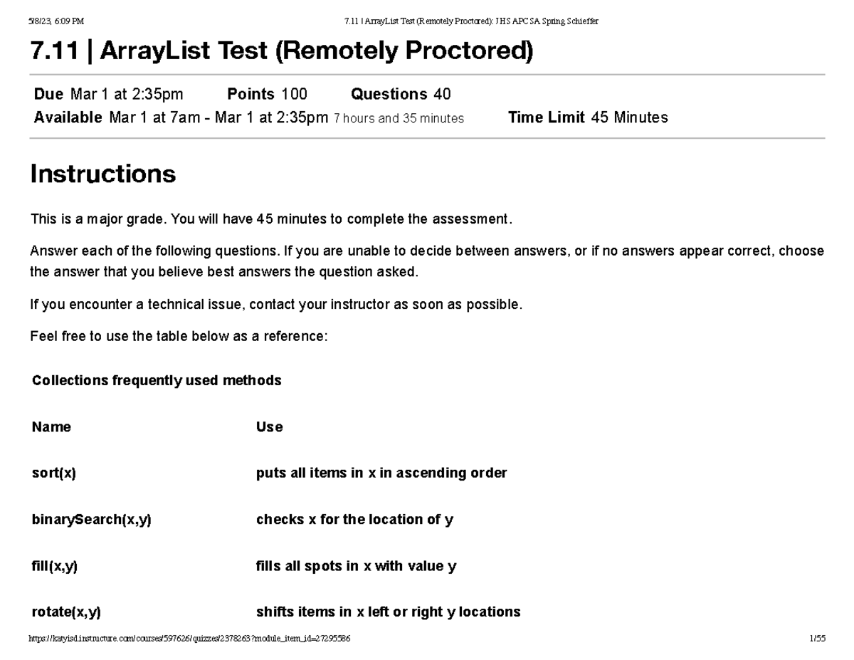 7.11 ArrayList Test (Remotely Proctored) JHS APCSA Spring 2023 - Studocu
