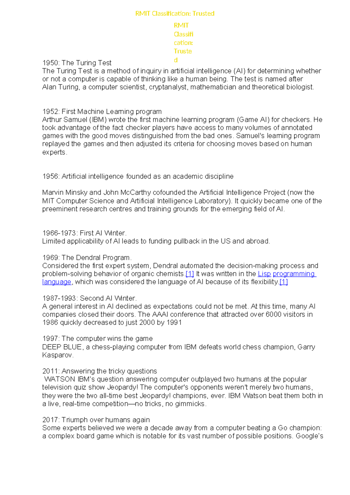 Timeline of AI - AR Text - hihp - RMIT Classification: Trusted RMIT ...