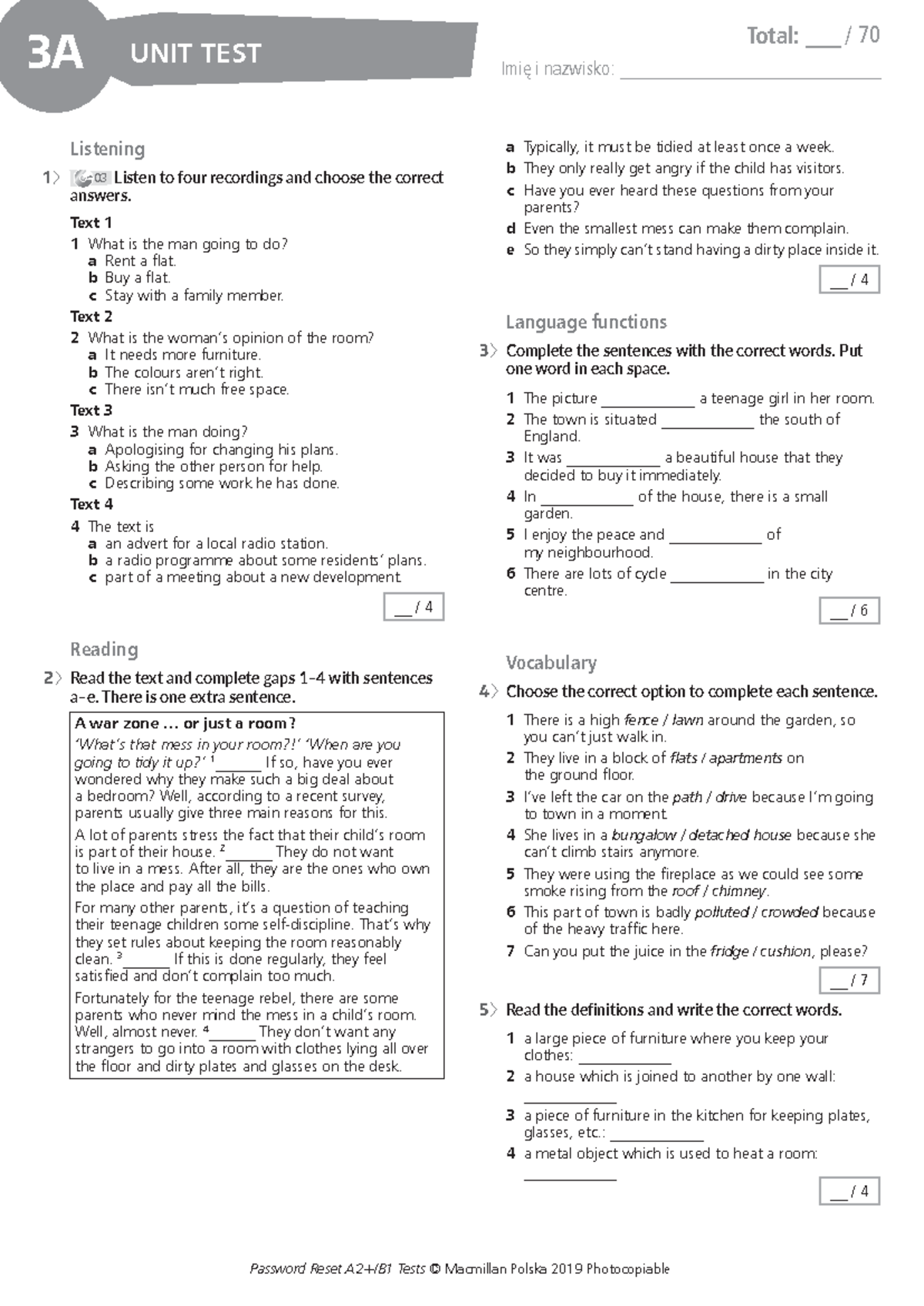 Password Reset A2+/B1 Unit Test 3A Answers & Exercises - Studocu
