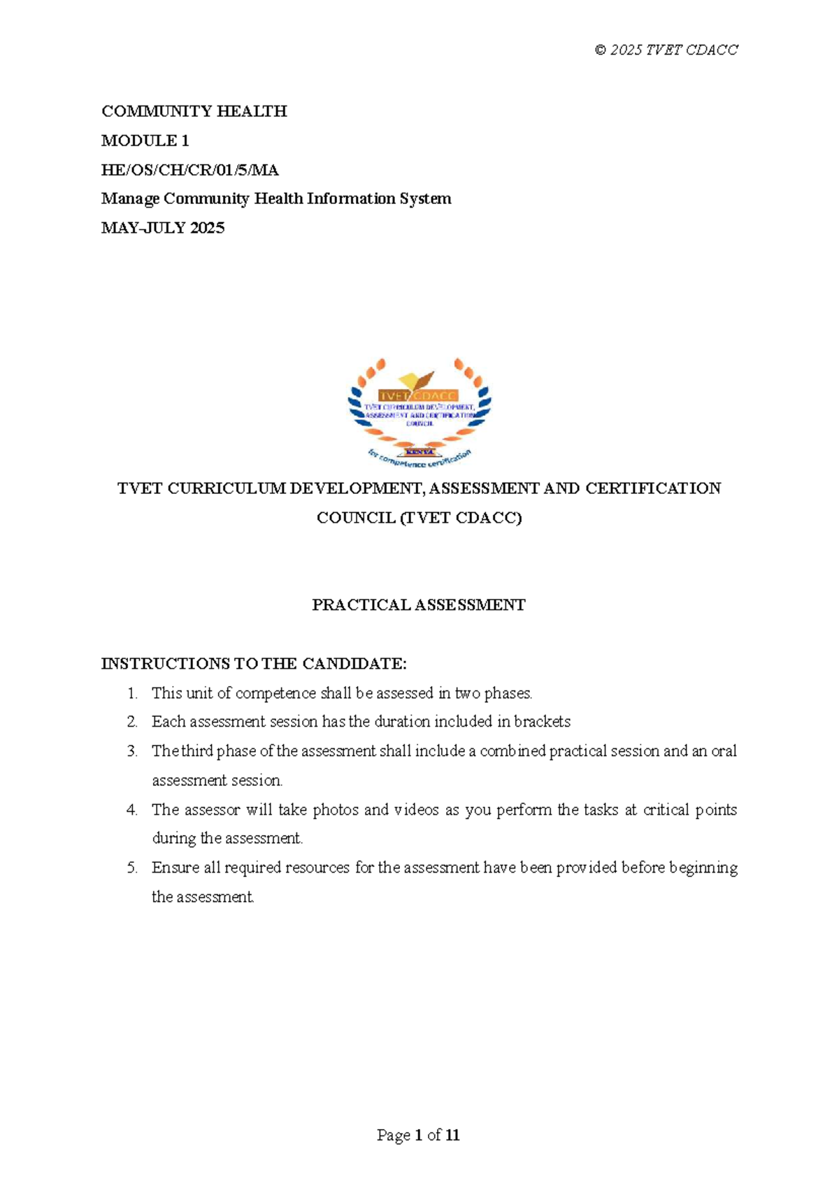 2025 TVET CDACC Practical Assessment: Community Health Info System ...
