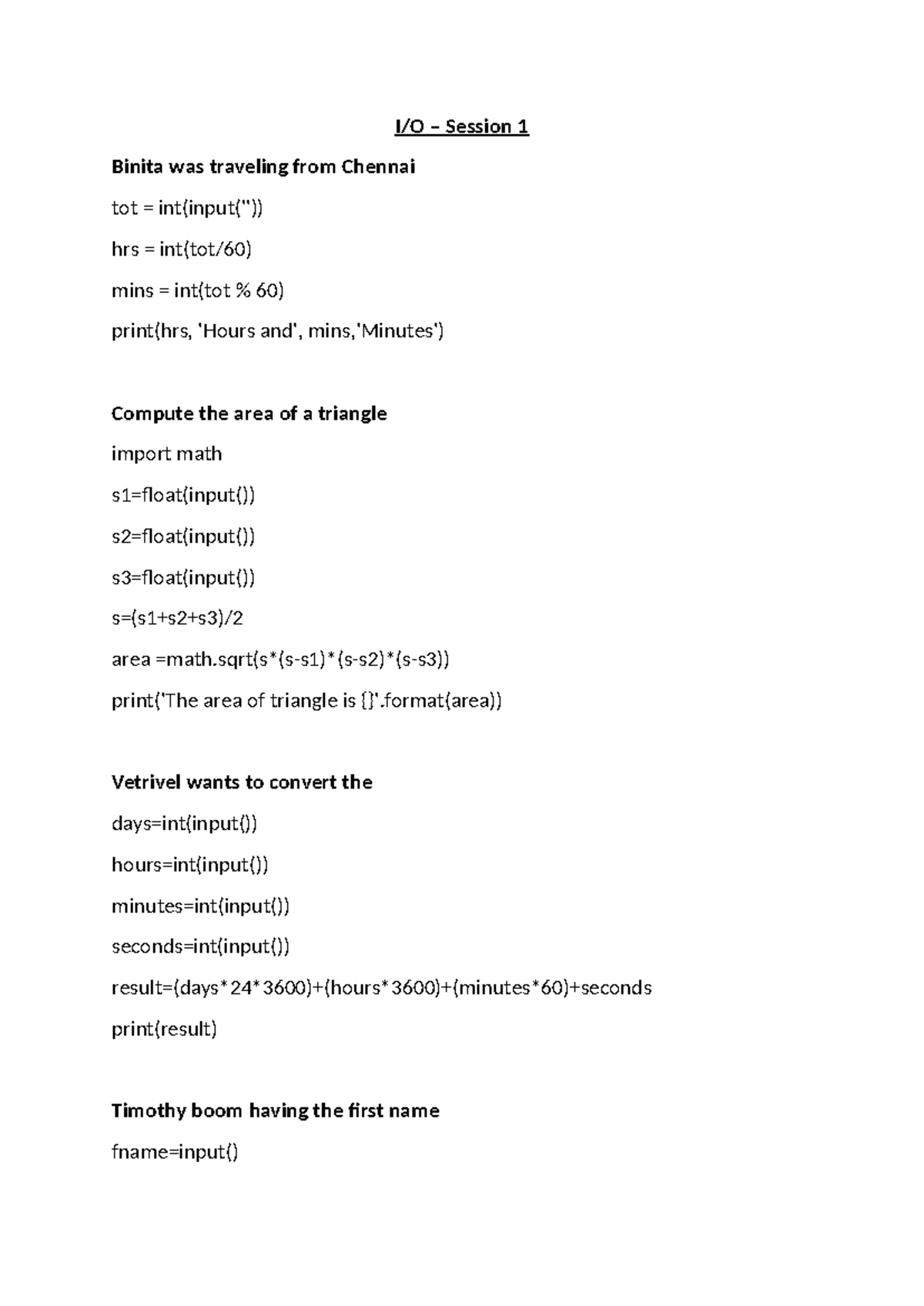 Python Elab Program: I/O Practice and Problem Solving - Studocu