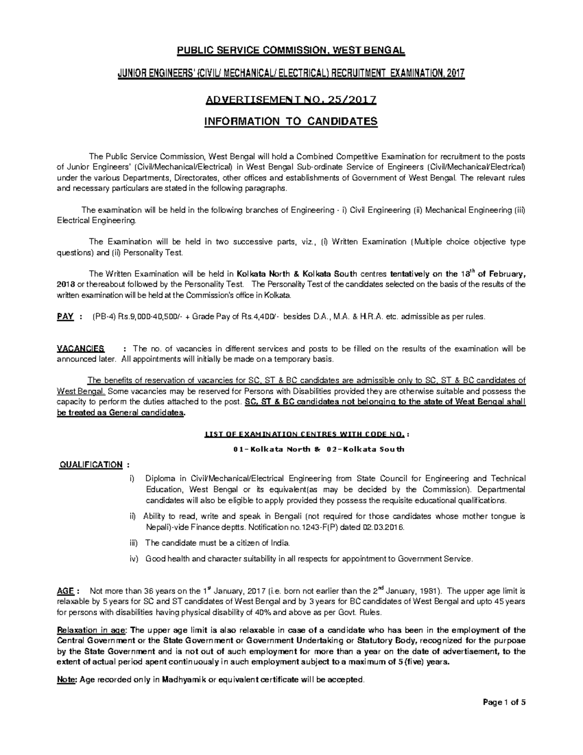 PSCWB Junior Electrical Recruitment Exam 2017: Candidate Information ...