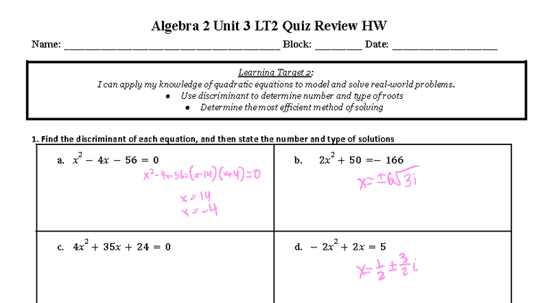 Algebra 2 Unit 3 LT2 Quiz Review: Quadratic Equations & Methods - Studocu