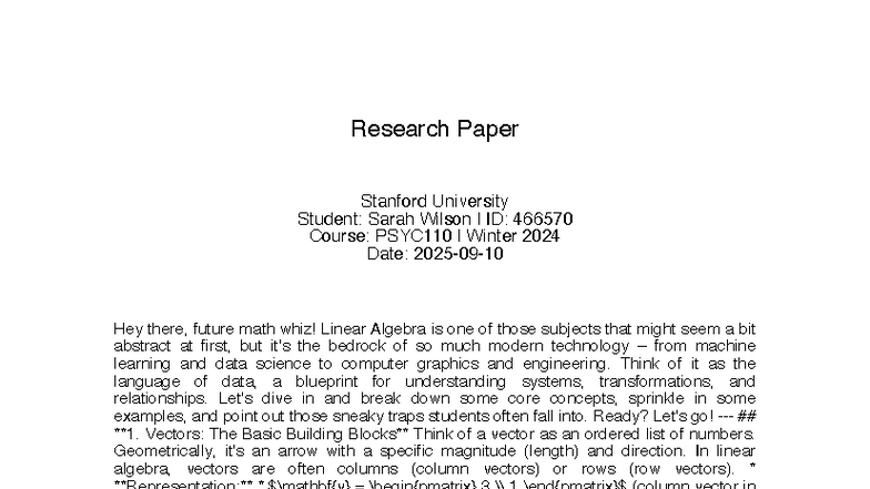 PSYC110 Winter 2024 Research Paper: Linear Algebra Concepts - Studocu