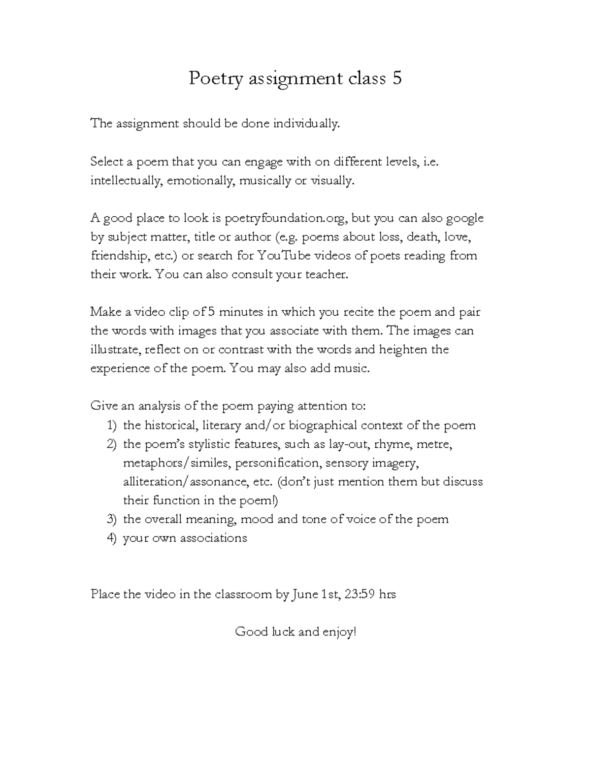 Poetry Project - Assignment for Class 5: Engage & Recite - Studeersnel