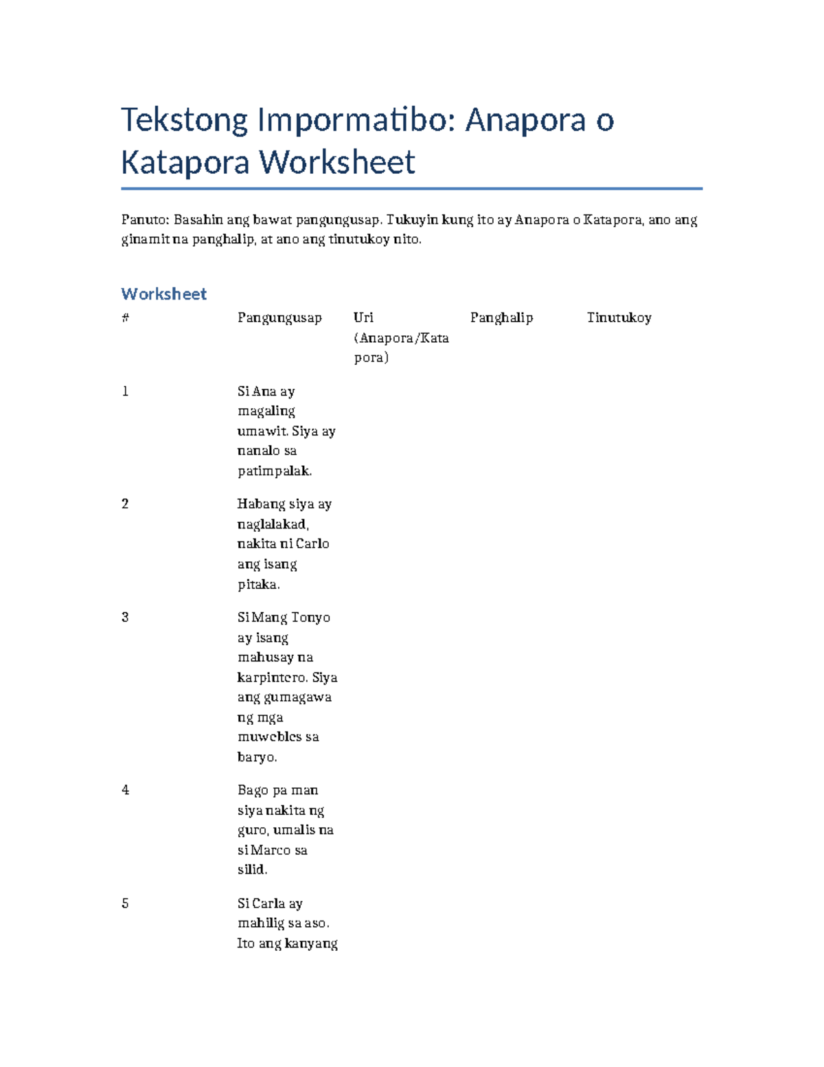 Anapora at Katapora Worksheet: Pagsusuri ng Panghalip - Studocu