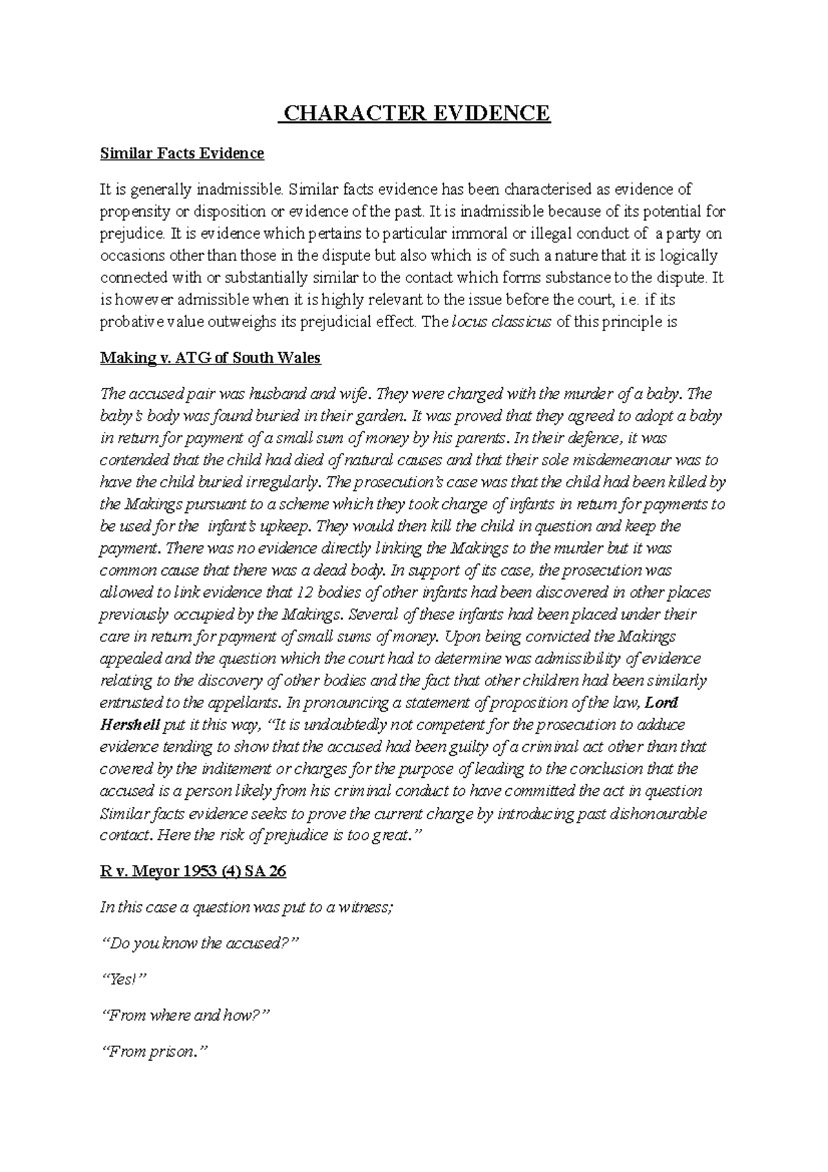 Character Evidence: Admissibility & Case Law Analysis - Studocu