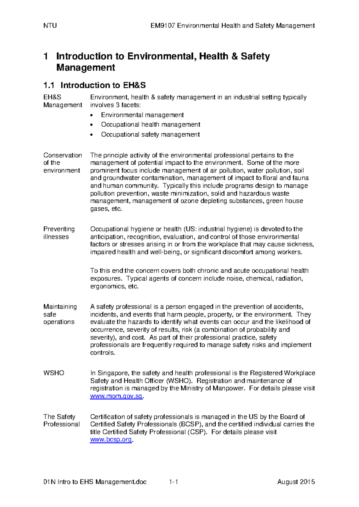 01N Intro to EHS Management - 1 Introduction to Environmental, Health ...