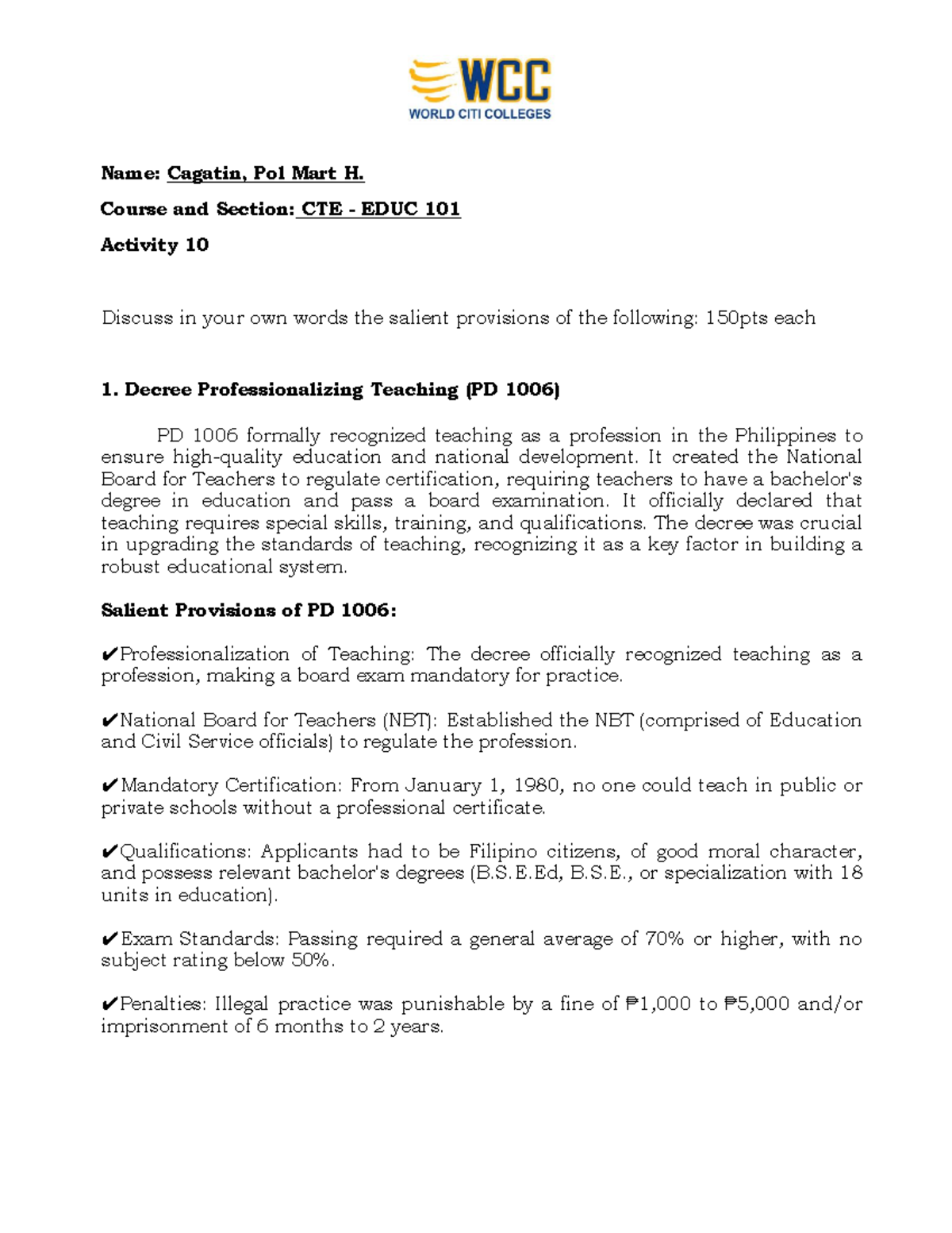 Activity 10 - Salient Provisions of Teaching Laws (CTE EDUC 101) - Studocu