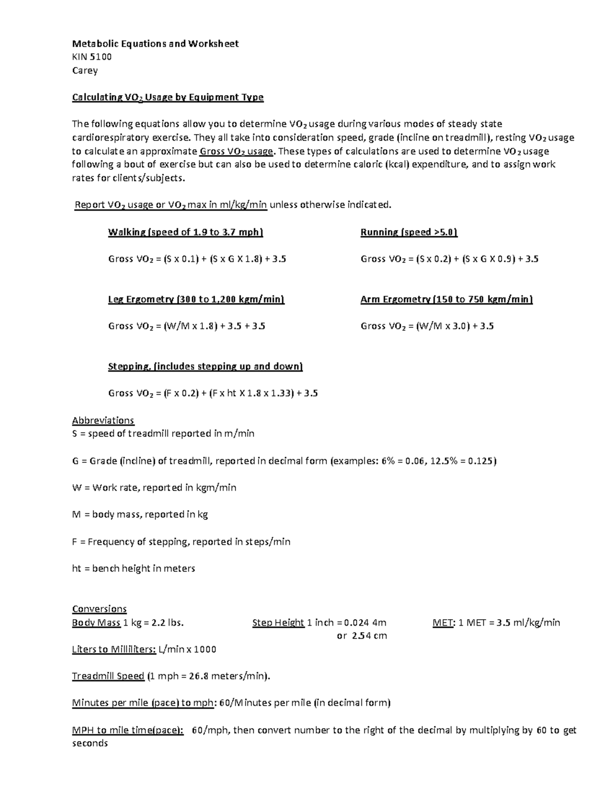 Metabolic VO2 Equations & Calculations KIN 5100 - Studocu