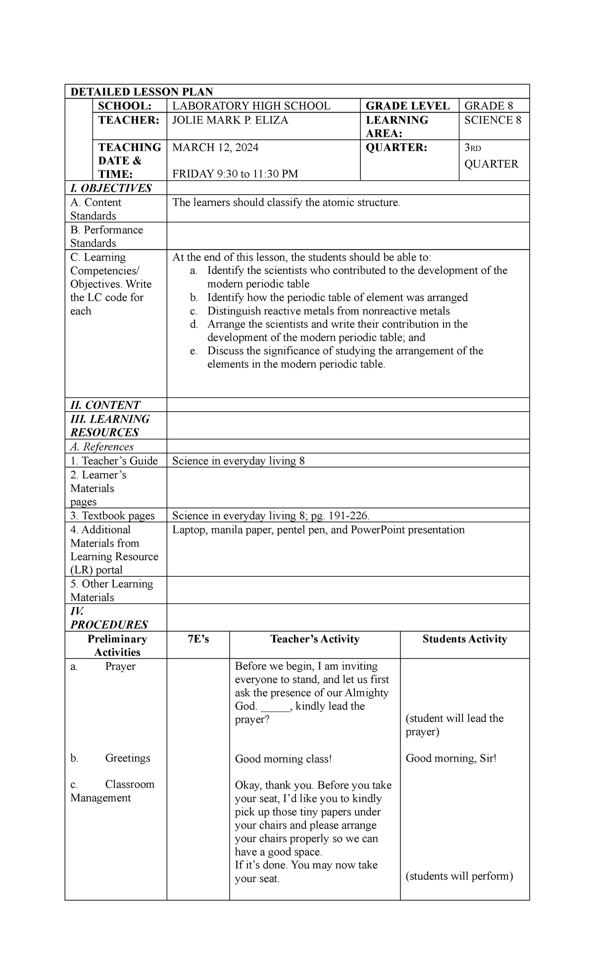 DLP - Lesson Plan on Arrangement of Elements in Science 8 - Studocu