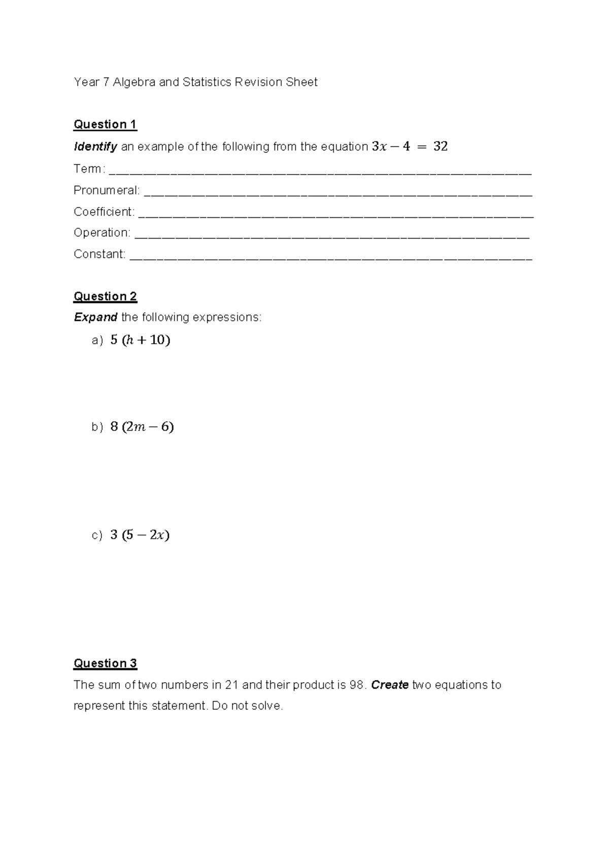 Year 7 Algebra & Statistics Revision Worksheet - Studocu