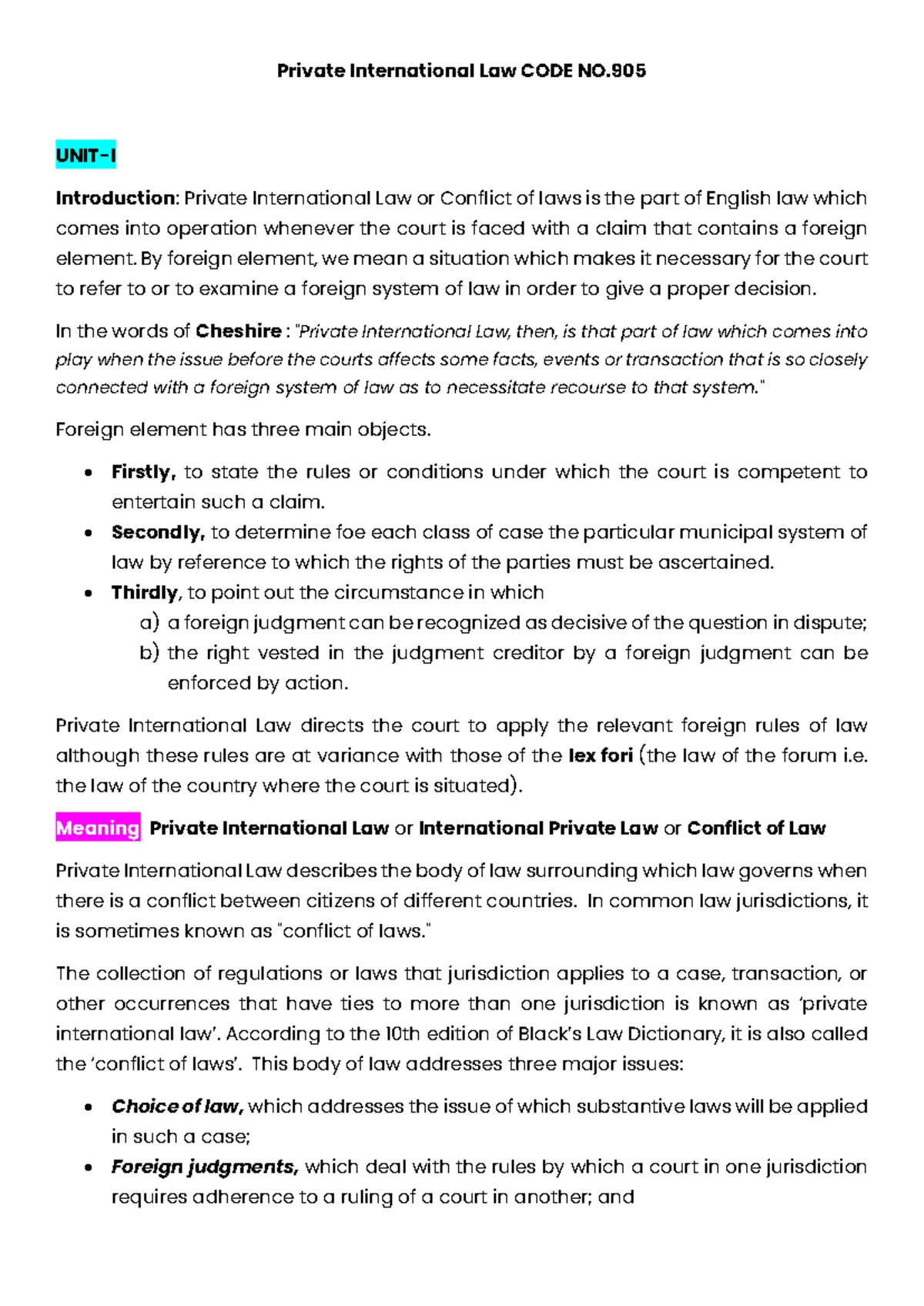 Private International Law Notes - INTRODUCTION TO PRIVATE INTERNATIONAL ...
