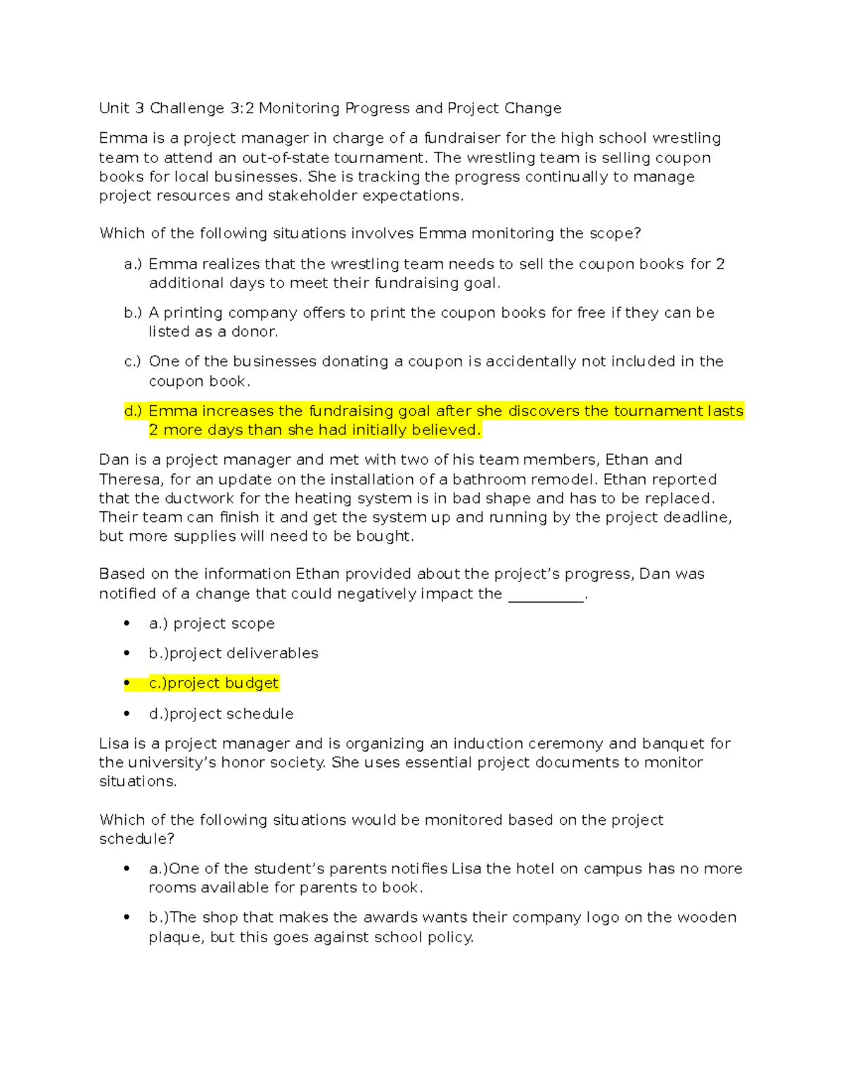 Unit 3 Challenge 3.2: Monitoring Project Progress & Changes - Studocu