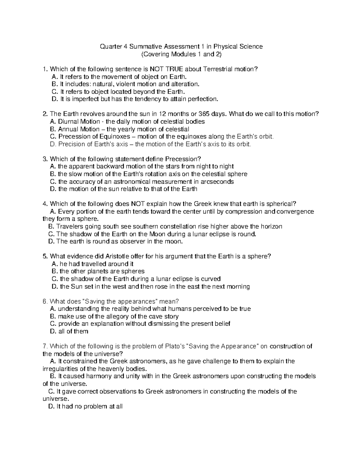 Q4 Summative Assessment 1: Physical Science (Modules 1 & 2) Notes - Studocu