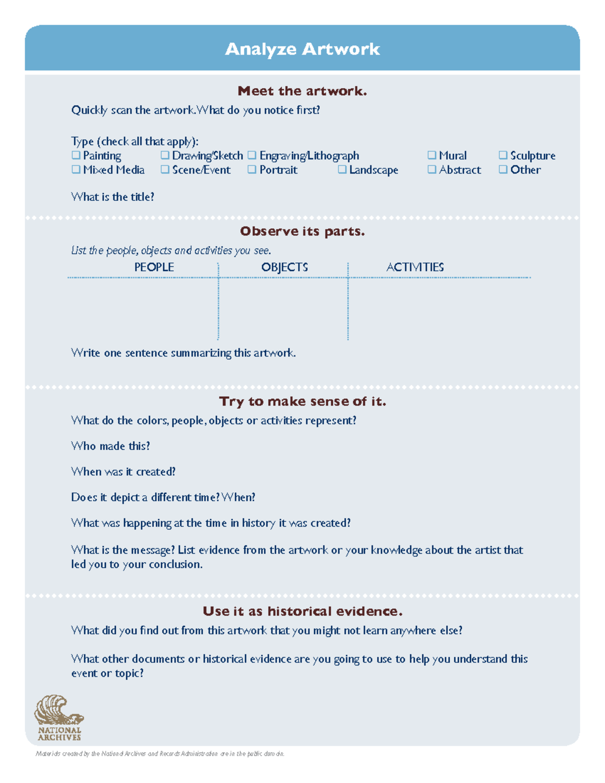 Artwork Analysis Worksheet: Understanding Art's Historical Context ...