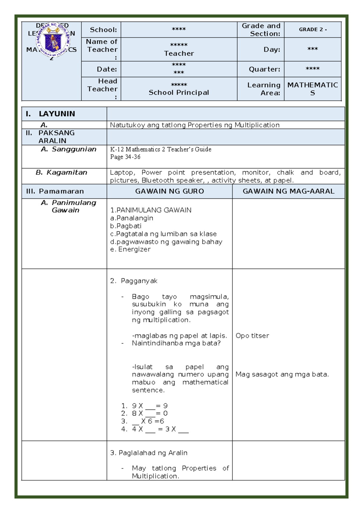 Q2. MATHEMATICS 2 Lesson Plan: Properties of Multiplication - Studocu