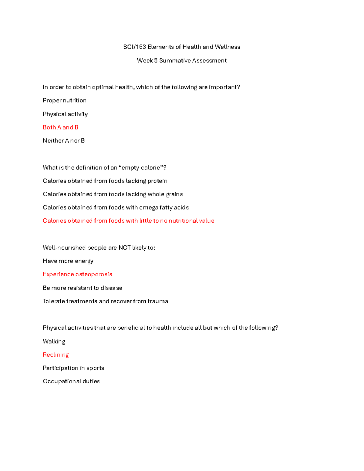 SCI 163 Week 5 Assessment: Key Concepts in Health and Wellness - Studocu