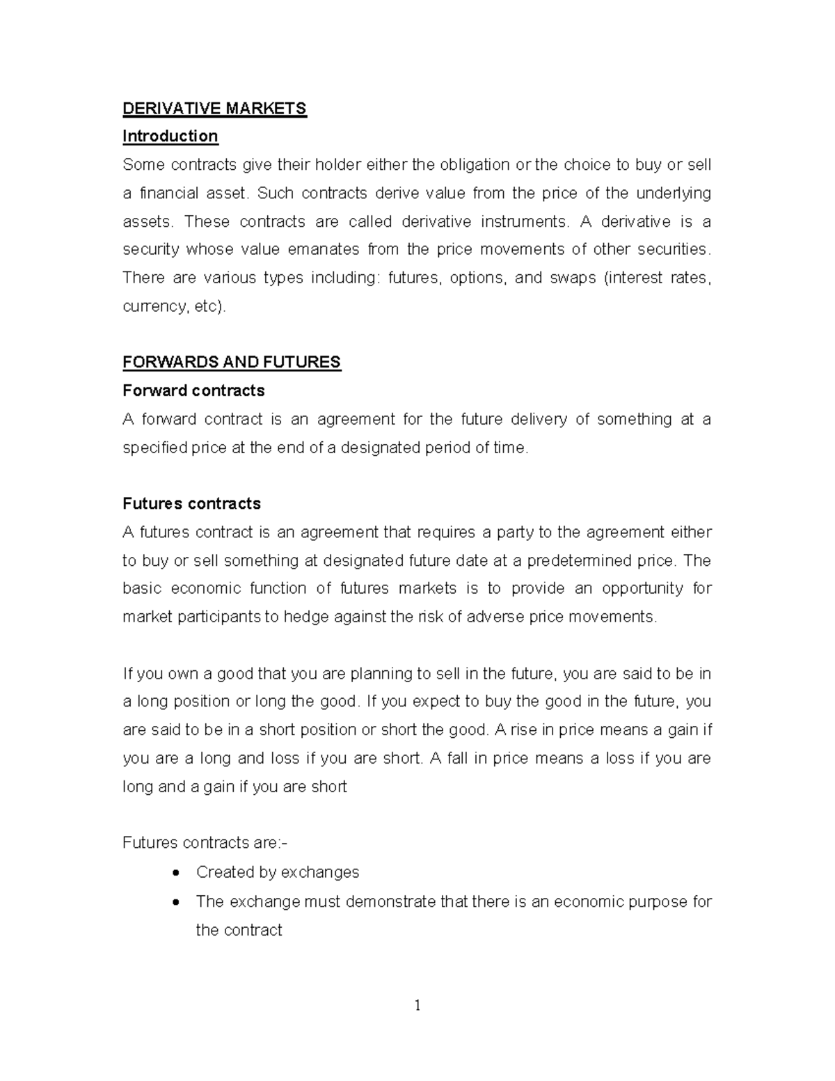 Derivatives - Derivative notes - DERIVATIVE MARKETS Introduction Some ...