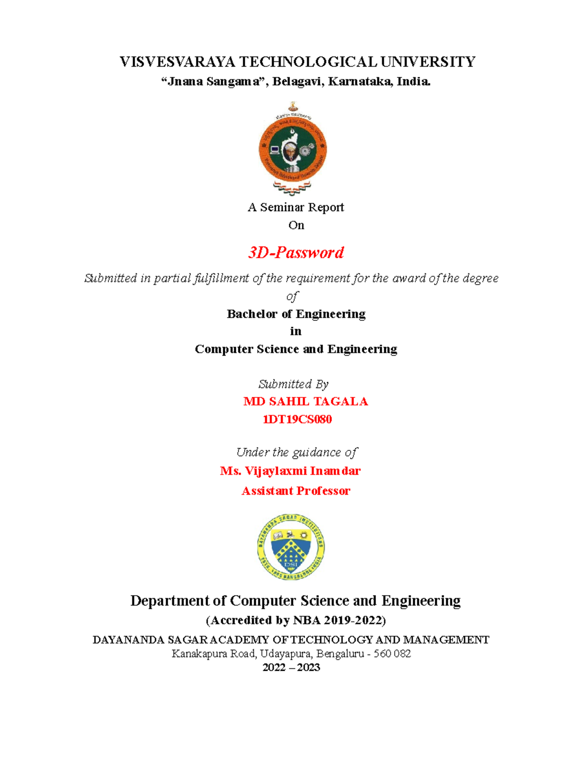 Technical Seminar Report on 3D-Password (CSE 1DT19CS) - Studocu