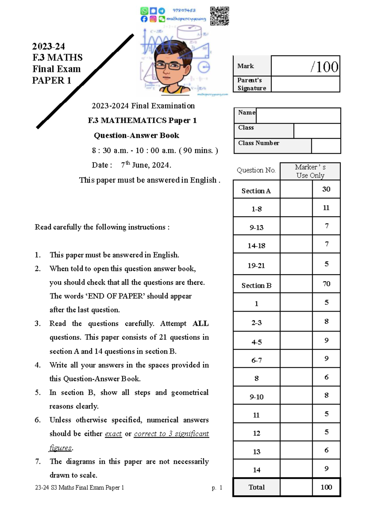 F.3 MATHS Final Exam Paper 1 - June 2024 Overview and Instructions ...