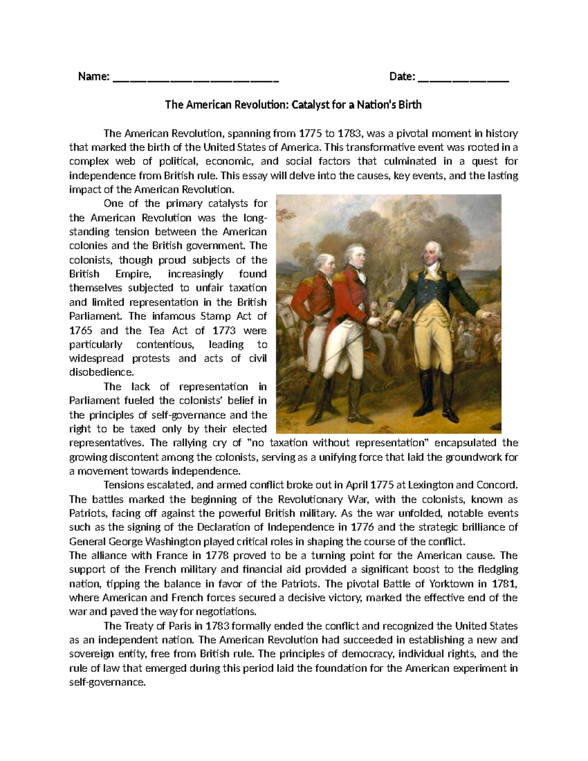 The American Revolution: Key Causes and Impact (HIST 101 Essay) - Studocu
