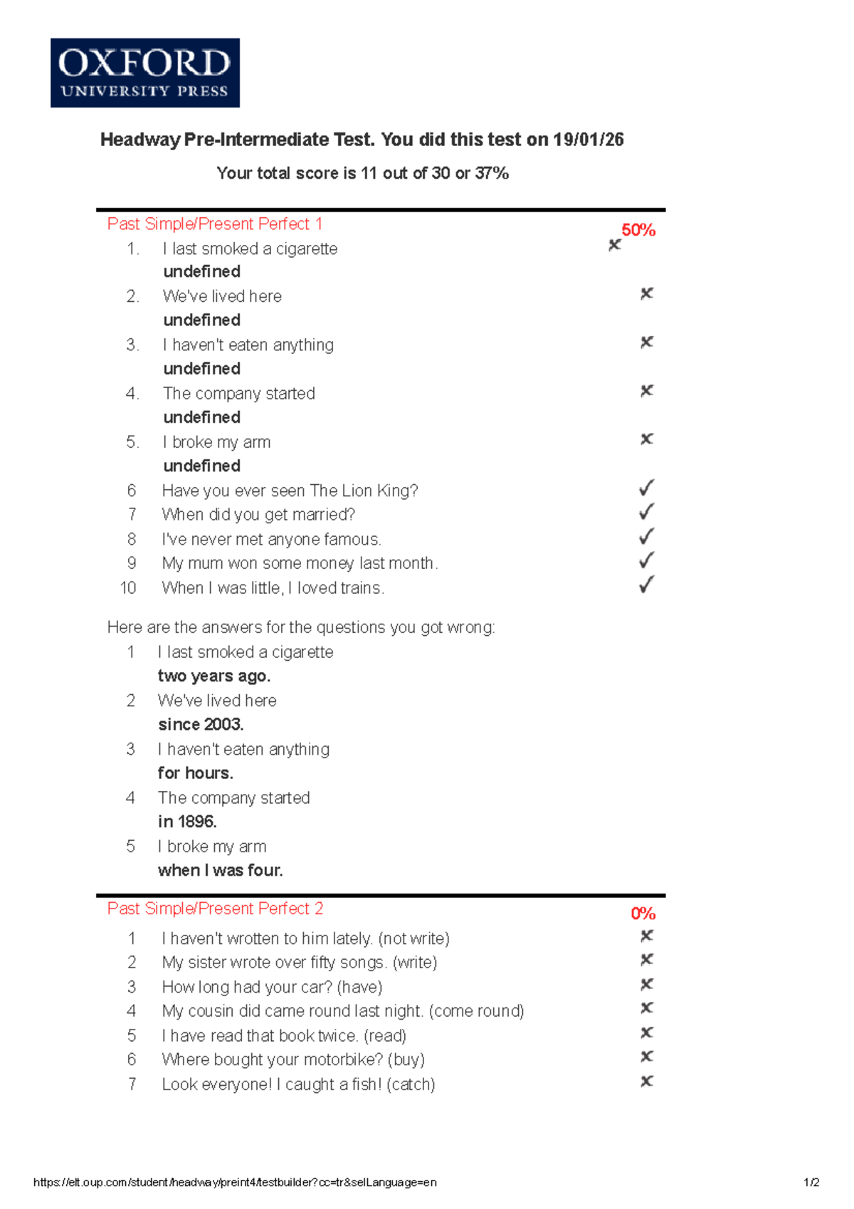Headway Test Results and Corrections: Past Perfect 1 & 2 - Studocu