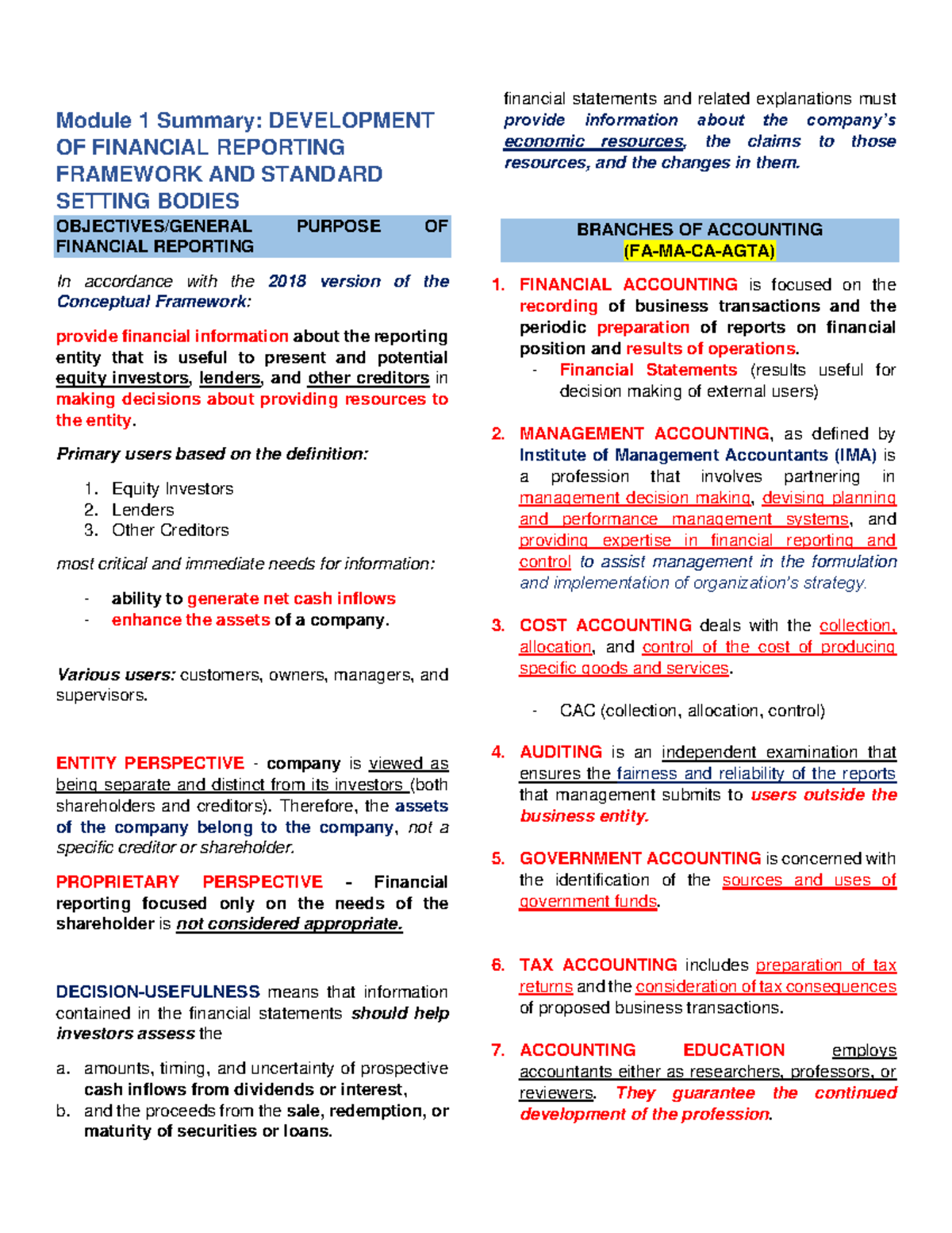 CFAS Module 1 Summary: Financial Reporting Framework Insights - Studocu