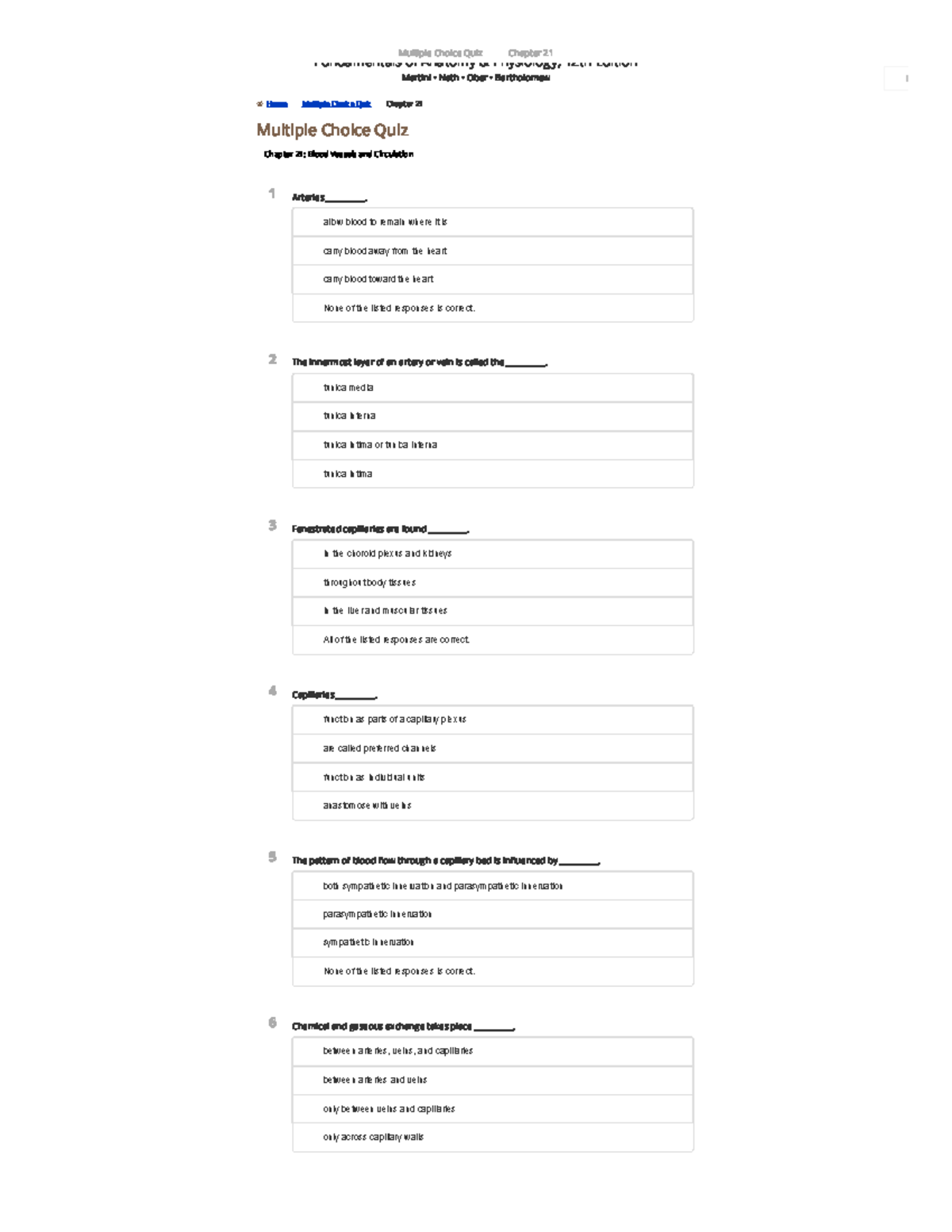 Multiple Choice Quiz CH21: Blood Vessels & Circulation - Anatomy ...