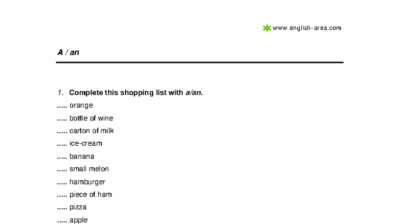 A:AN Article A2 - NA 5 Shopping List & Sentence Completion - Studocu