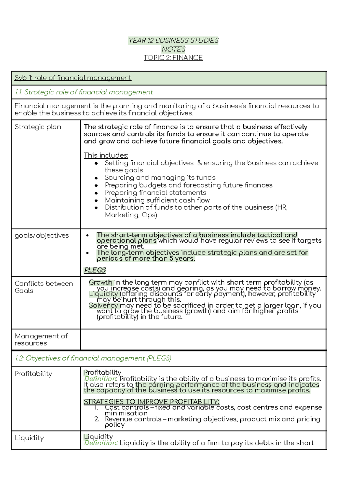 YEAR 12 BUSINESS STUDIES NOTES: TOPIC 2 - FINANCE OVERVIEW - Studocu