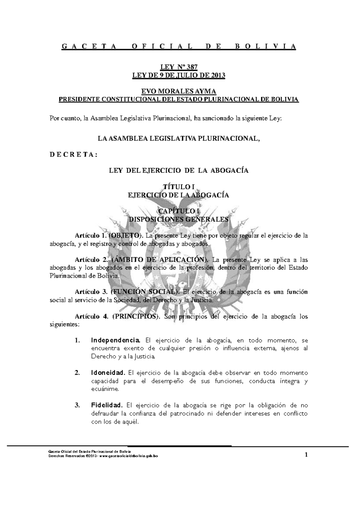 LEY 387 DE LA Abogacía BOLIVIA, para el ejercicio de la ´profesión ...
