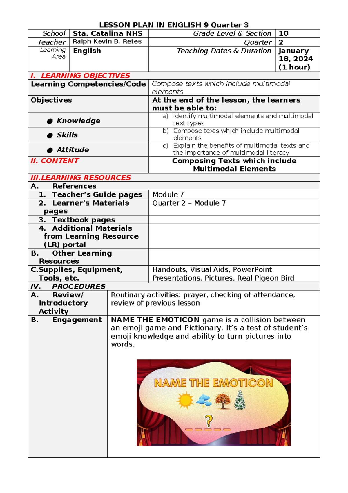 LESSON PLAN IN ENGLISH 9: Composing Multimodal Texts for Q3 - Studocu