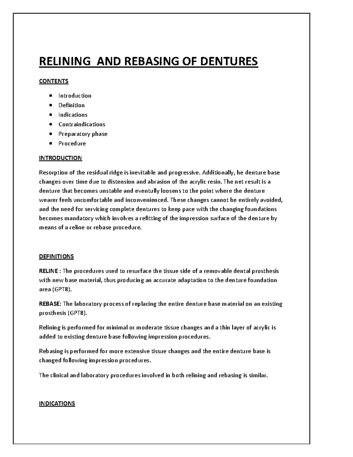 Relining and rebasing - RELINING AND REBASING OF DENTURES CONTENTS ...