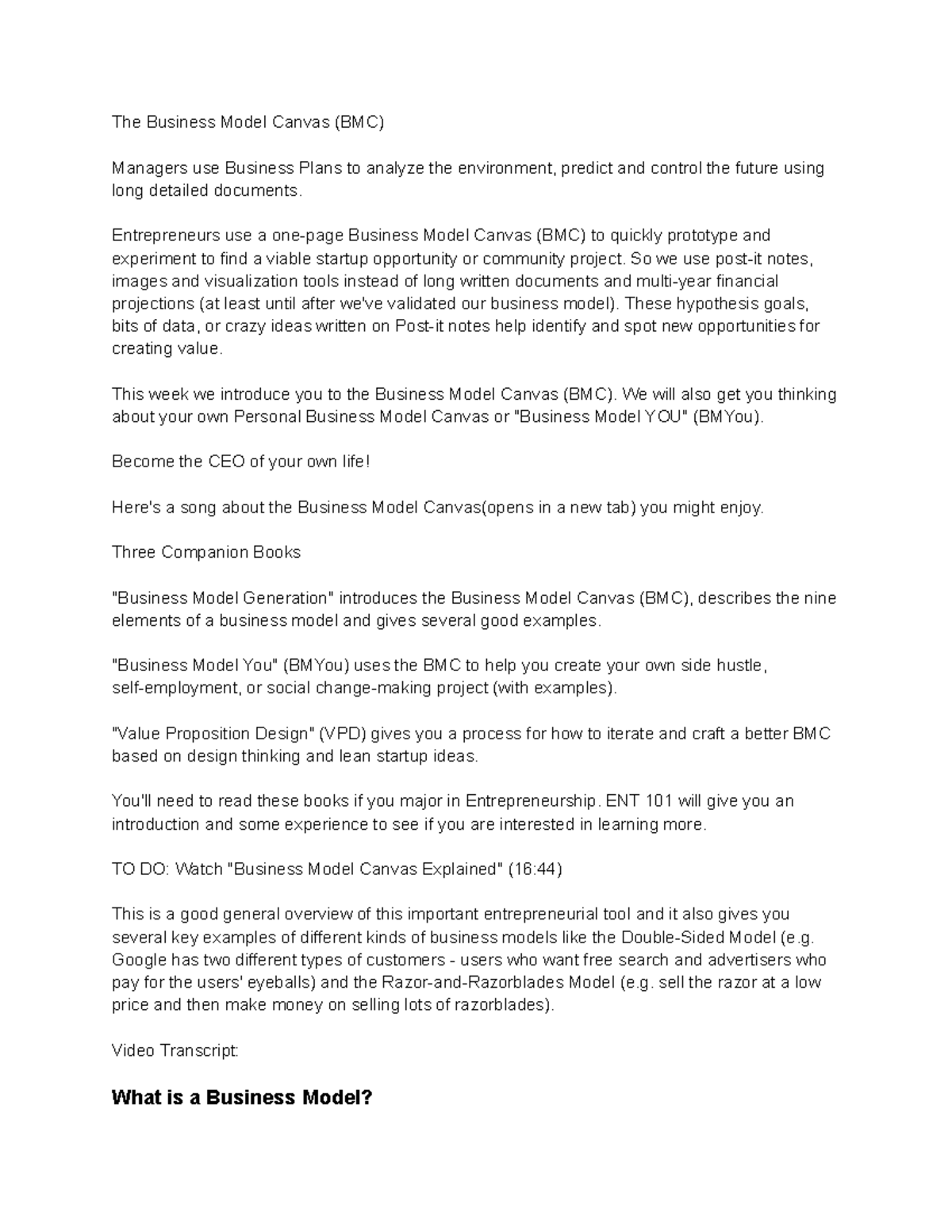 Business Model Canvas (BMC) Overview and Personal Application - ENT 101 ...