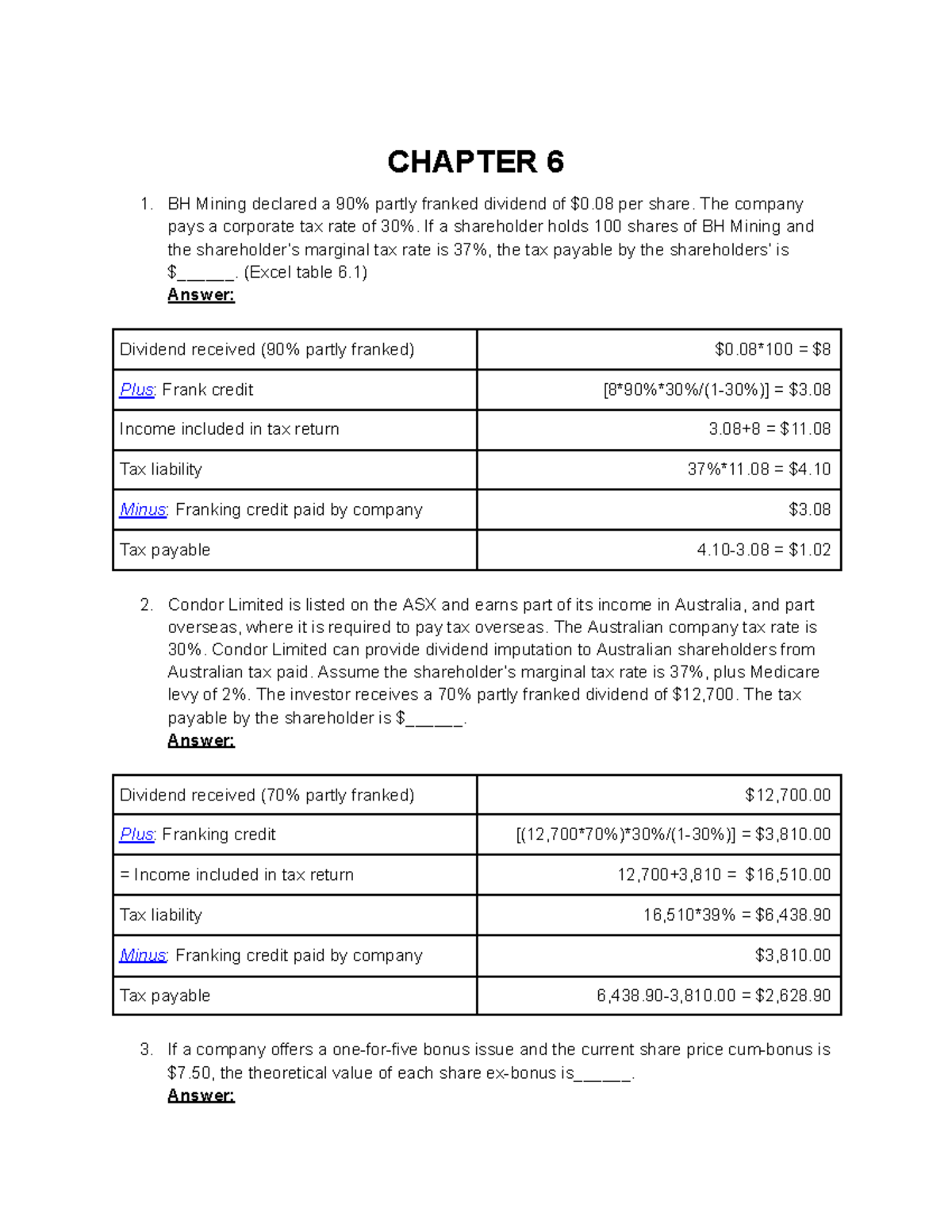 FIM-Exercise - Calculations and Dividend Tax Implications - Studocu