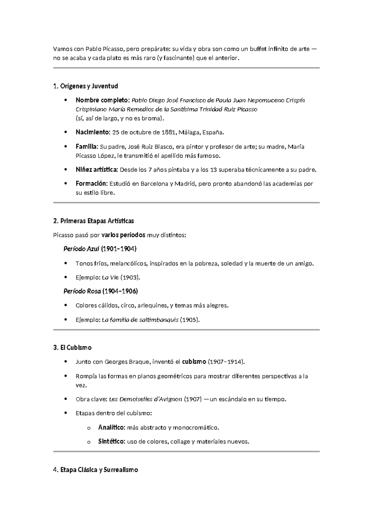 Pablo Picasso: Vida y Obra - Resumen Completo - Studocu