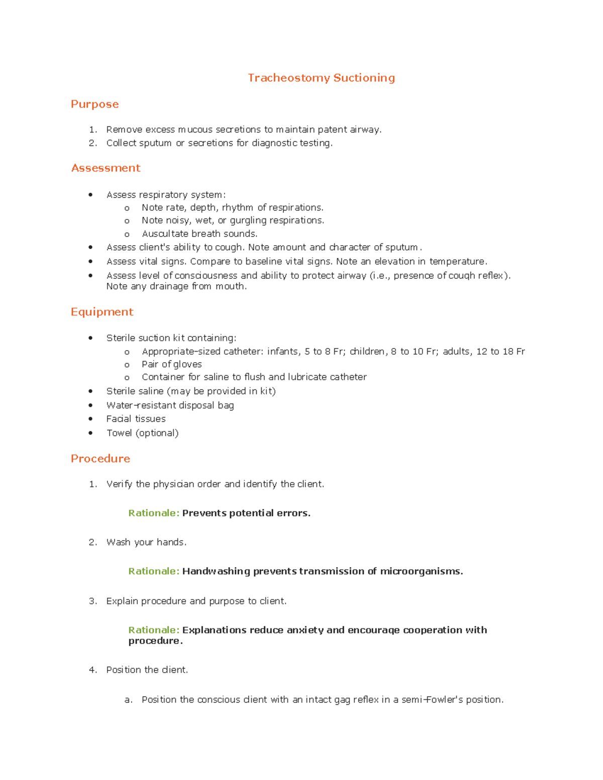 Tracheostomy Suctioning Procedure and Assessment Guide - Studocu