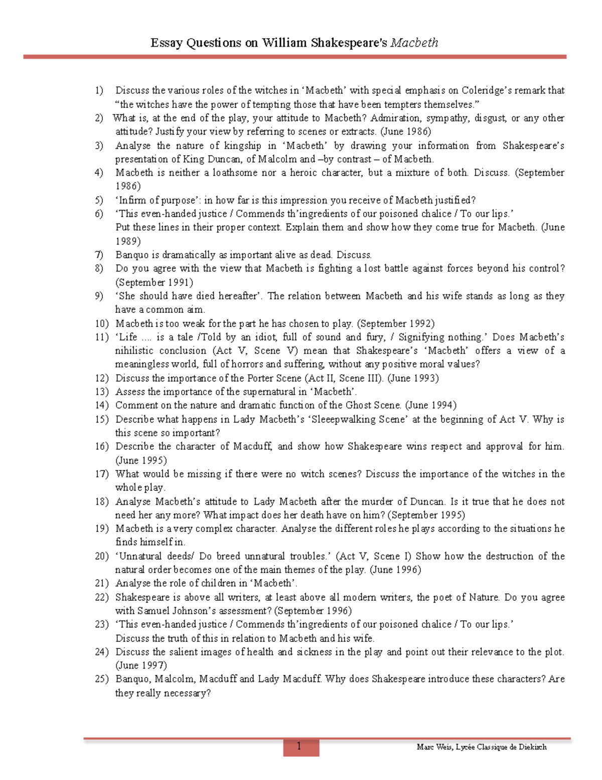 Essays on Macbeth (ENG 101) - Key Questions & Analysis - Studocu